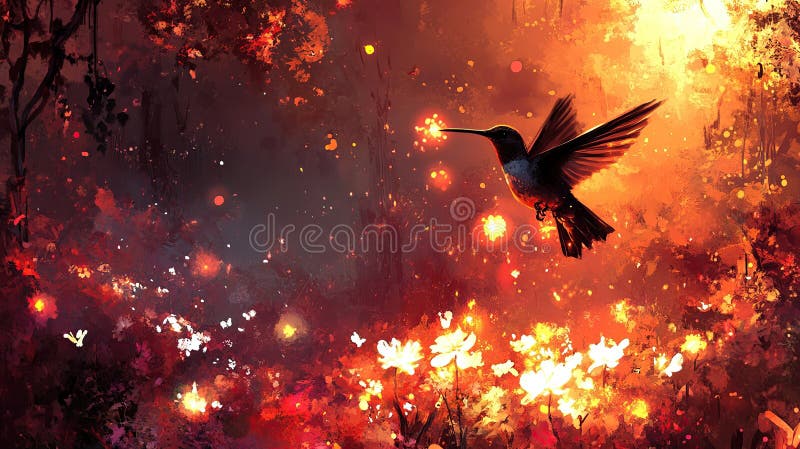 Hummingbird in Fiery, Magical Forest Stock Image - Image of nature ...