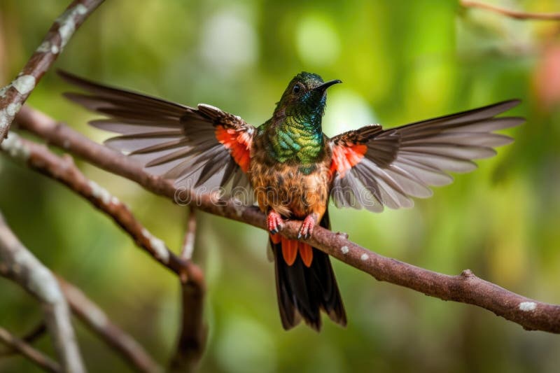 Hummingbird Flapping Its Wings and Taking Off from Branch Stock ...