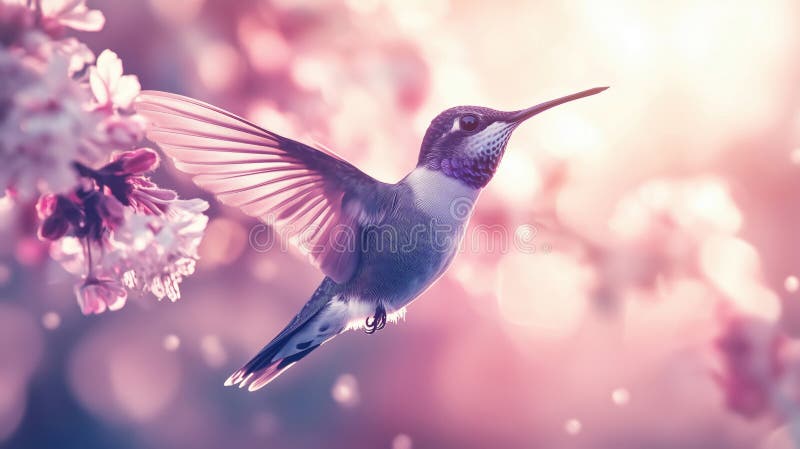 Hummingbird in Flight among Blossoms with Soft Pink Background Stock ...
