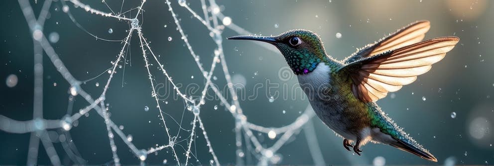 Hummingbird in Flight with Dew-covered Spiderweb in Morning Light Stock ...