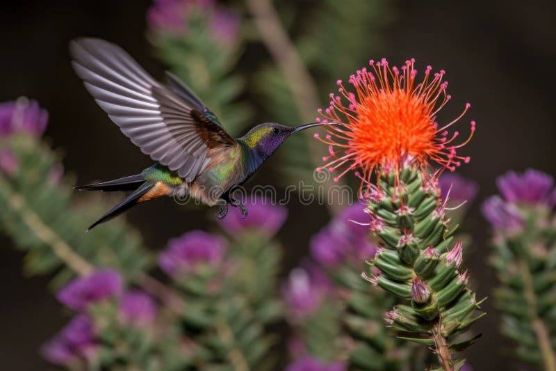 Hummingbird in Flight, Hovering Over Flower Stock Image - Image of ...