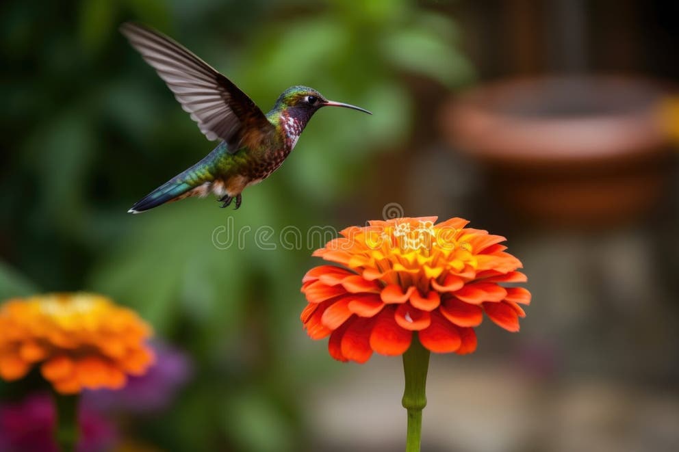 Hummingbird in Flight, Hovering Over Flower Stock Illustration ...