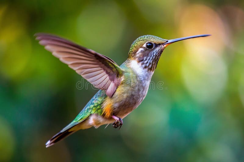 Hummingbird in Flight, Lush Forest Background Stock Illustration ...