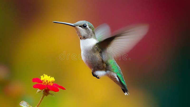 Hummingbird in Flight Near Red Flower Stock Photo - Image of cute ...