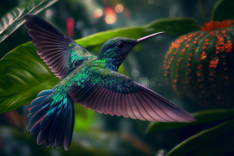Hummingbird in Flight in the Rainforest Stock Illustration ...