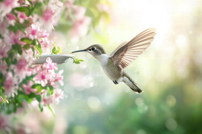 Hummingbird in Flight, Sipping Nectar from a Feeder Stock Photo - Image ...