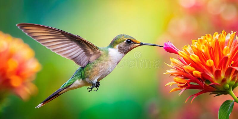 A Hummingbird Hovering in Front of a Vibrant Tropical Flower Sipping ...