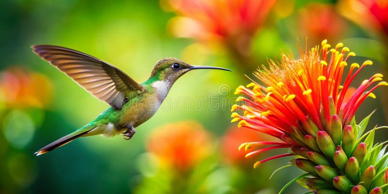 A Hummingbird Hovering in Front of a Vibrant Tropical Flower Sipping ...