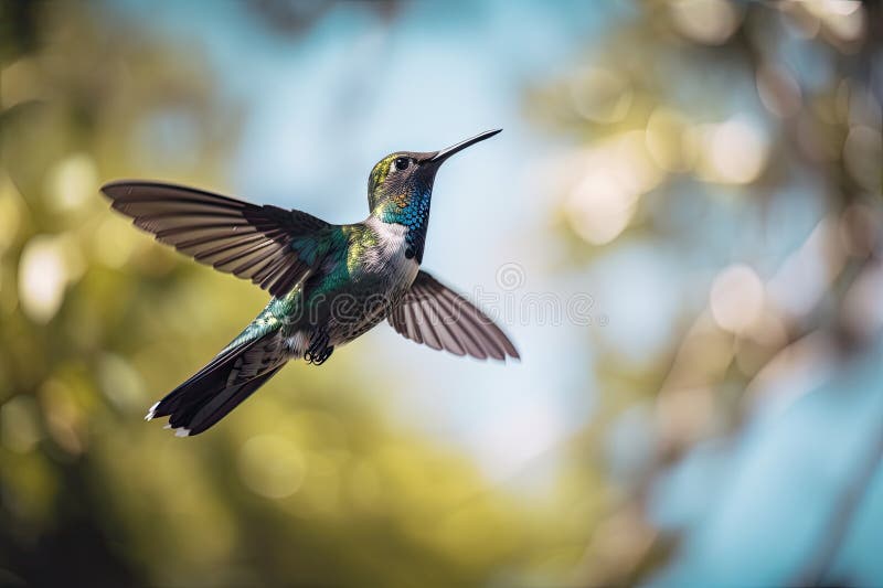 Hummingbird Hovering in Mid-air, with Forest and Sky Serving As the ...