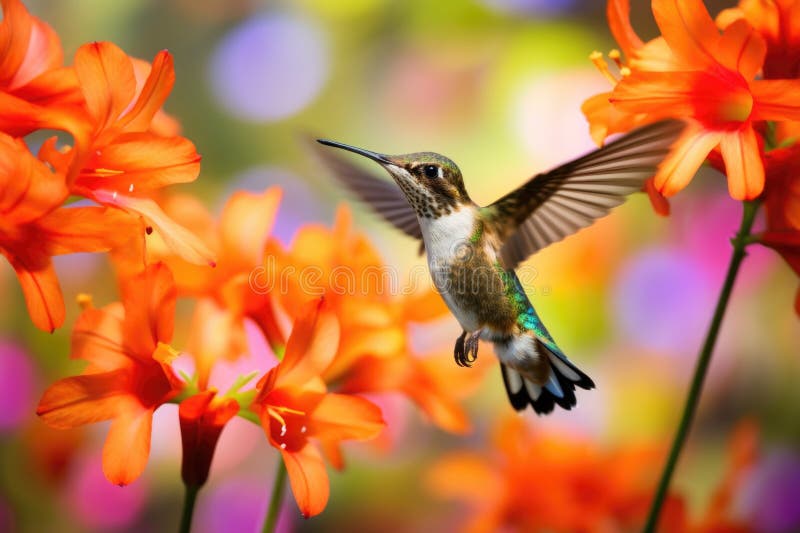 Hummingbird Hovering Over Brightly Colored Flowers Stock Image - Image ...