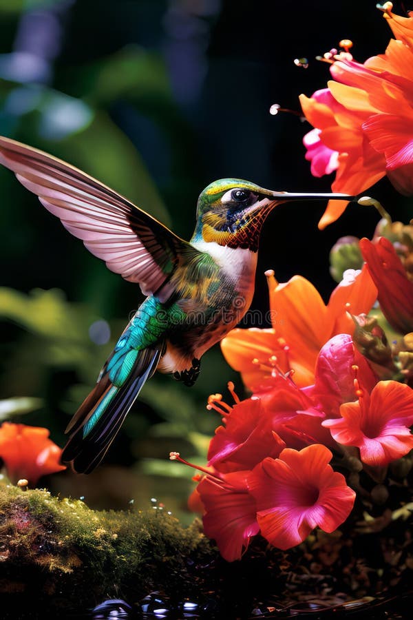 Hummingbird Hovering Over Brightly Colored Flowers, Ai Stock ...