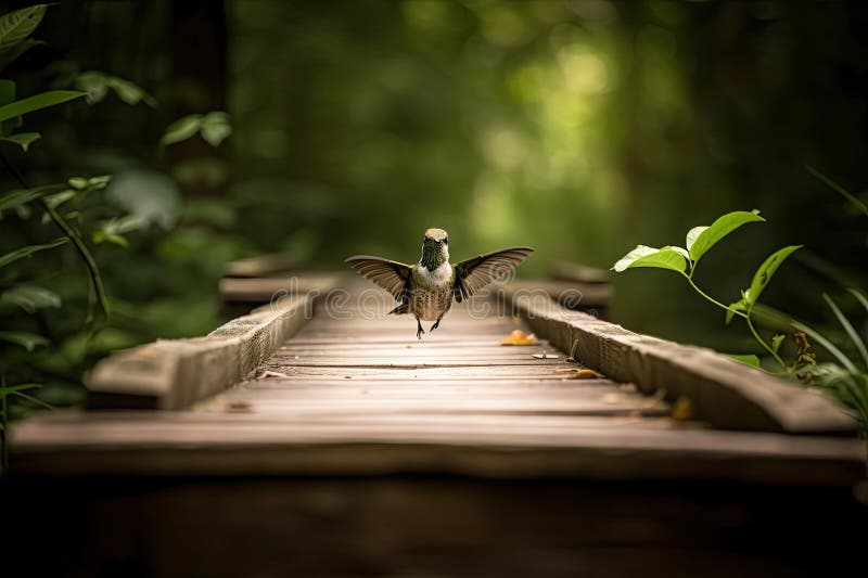 Hummingbird Hovering Over Duckboards Path in Forest Stock Illustration ...