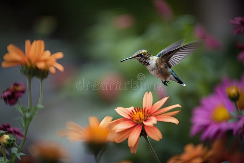 Hummingbird Hovering Over Flower Garden Stock Image - Image of feathers ...