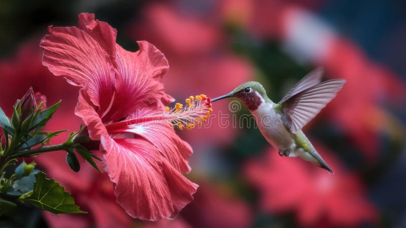 A Hummingbird Hovering Over a Large Pink Flower with Red Petals, AI ...