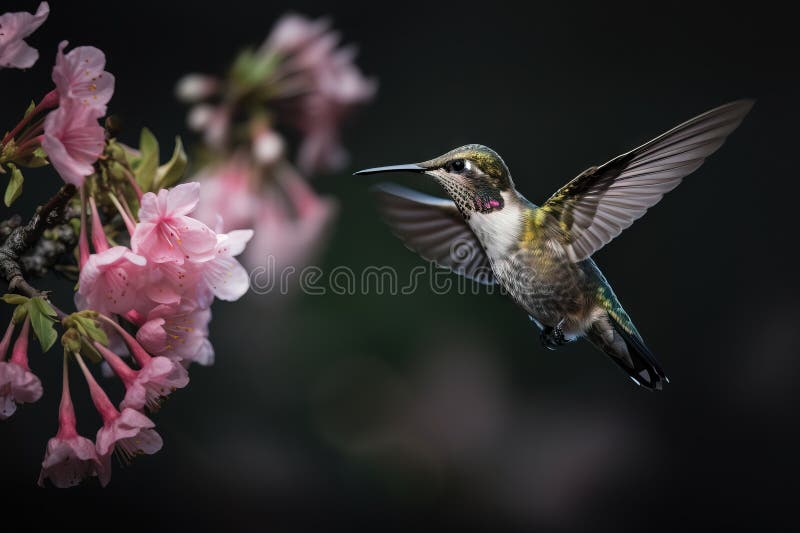 A Hummingbird Hovering Over a Pink Flower Filled Tree Branch Stock ...