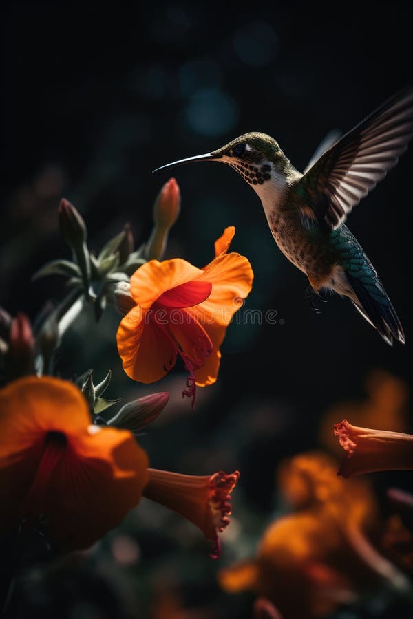 Hummingbird Hovering by Yellow Flower in Sunlight, Created Using ...