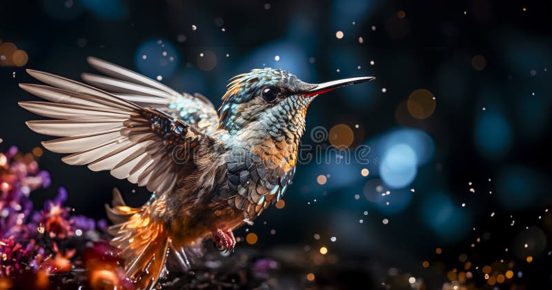Hummingbird in Mid-Flutter with Iridescent Feathers Stock Illustration ...