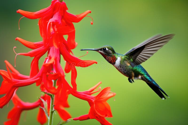 A Hummingbird Sipping Nectar from a Bright Red Flower Stock ...