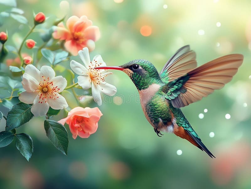 Hummingbird Sipping Nectar from Rose Stock Illustration - Illustration ...