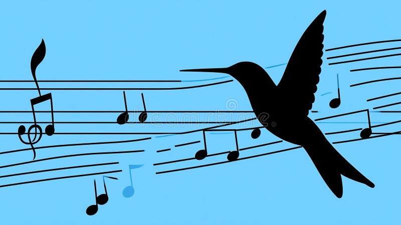 Hummingbird Soaring Above Musical Notes on Blue Background; Music ...