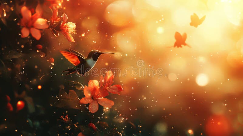 Hummingbird Soaring Amidst Blossoms and Golden Light Stock Illustration ...