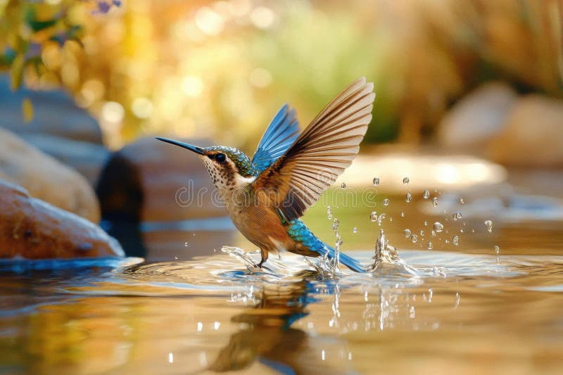 Hummingbird Takes Flight from Water, in Natural Light and Sparkling ...