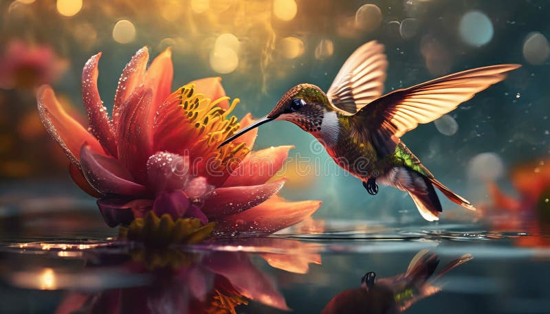 Hummingbird on Water Surface with Flower Stock Illustration ...