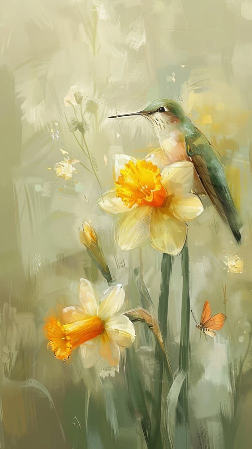 Hummingbird on Yellow Daffodil. Springtime. Stock Illustration ...