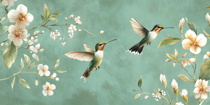 Hummingbirds and Flowers Teal Background Art Print Stock Illustration ...