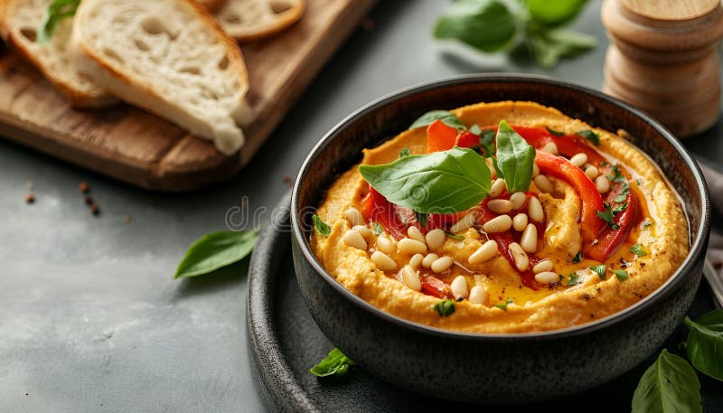 Hummus in a Bowl with Vegetables (red Pepper) Pine Nuts and Bread ...