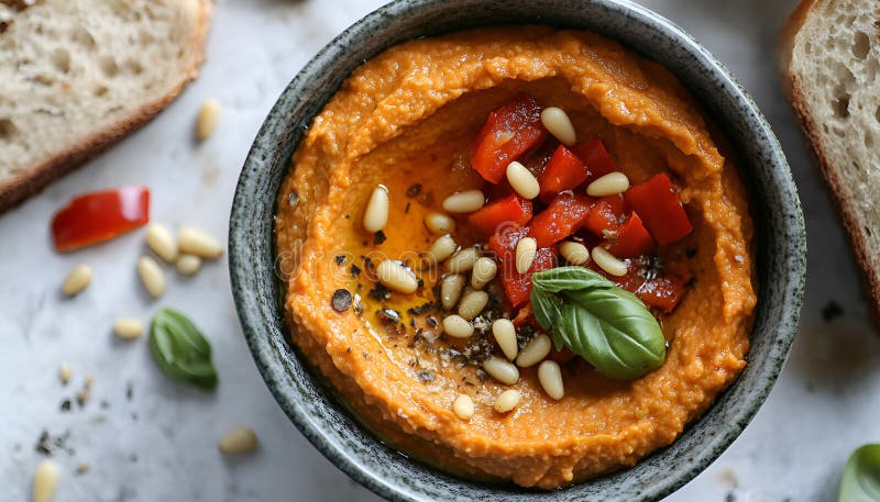 Hummus in a Bowl with Vegetables (red Pepper) Pine Nuts and Bread ...