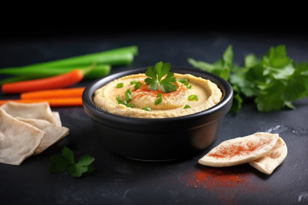 Hummus with Carrot and Celery Sticks on a Dark Stone Tabletop Stock ...