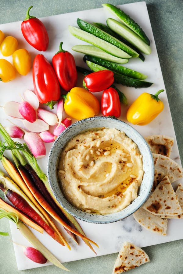 Hummus Dip Served with Fresh Vegetable Stock Image - Image of meze ...