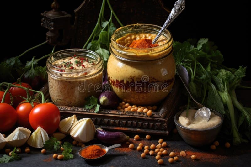 Hummus in a Jar with a Spoon, Surrounded by Ingredients Stock Image ...
