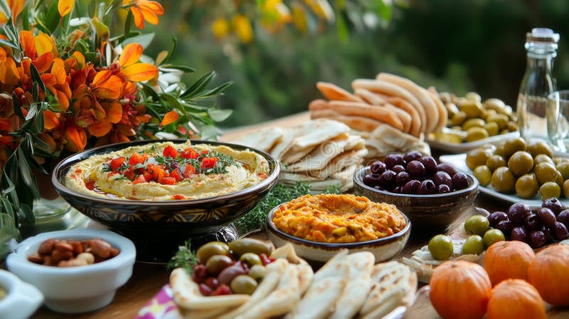 Hummus, Olives, and Pita Bread Spread on a Wooden Table Stock ...