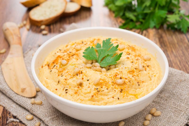 Hummus with Pine Nuts, Horizontal Stock Image - Image of bean, snack ...