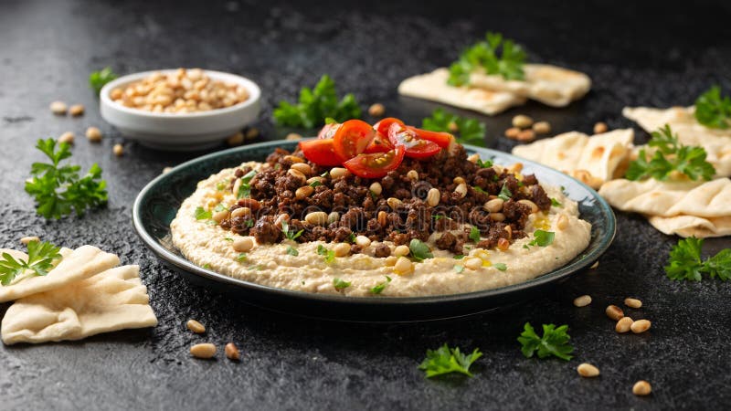 Hummus with Spiced Ground Beef, Olive Oil, Tomatoes and Toasted Pine ...