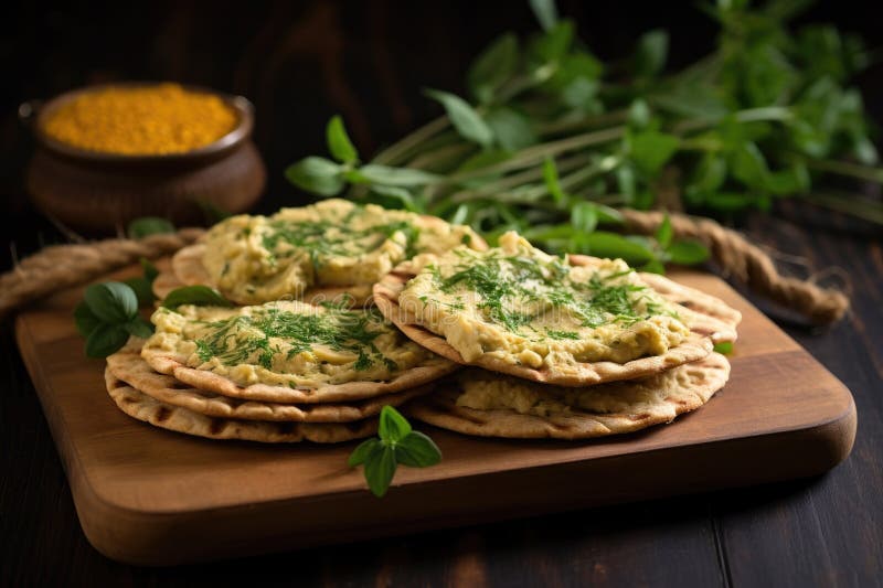 Hummus Spread on Pita Bread with Herbs Stock Illustration ...