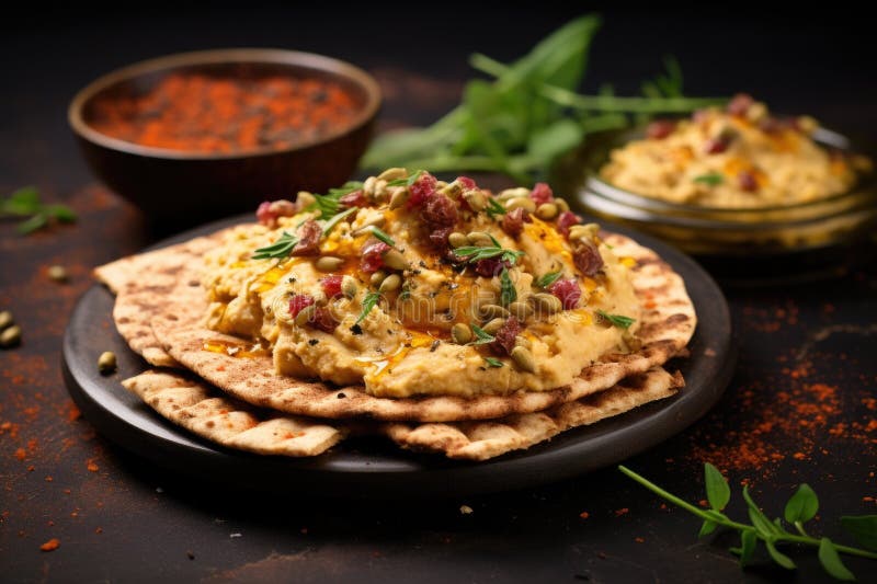 Hummus Spread on Pita Bread with Spices Stock Photo - Image of vegan ...