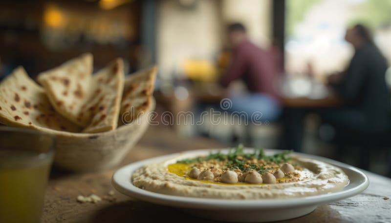Hummus on Stone, Blurred Background, Rustic Pub. Generative AI Stock ...