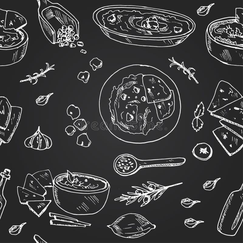 Hummus Vector Seamless Pattern with Food and Drink Hand Drawn Doodles ...