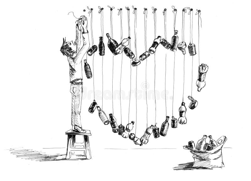 Humor Sketch with Heart and Garbage Bottles Stock Illustration ...