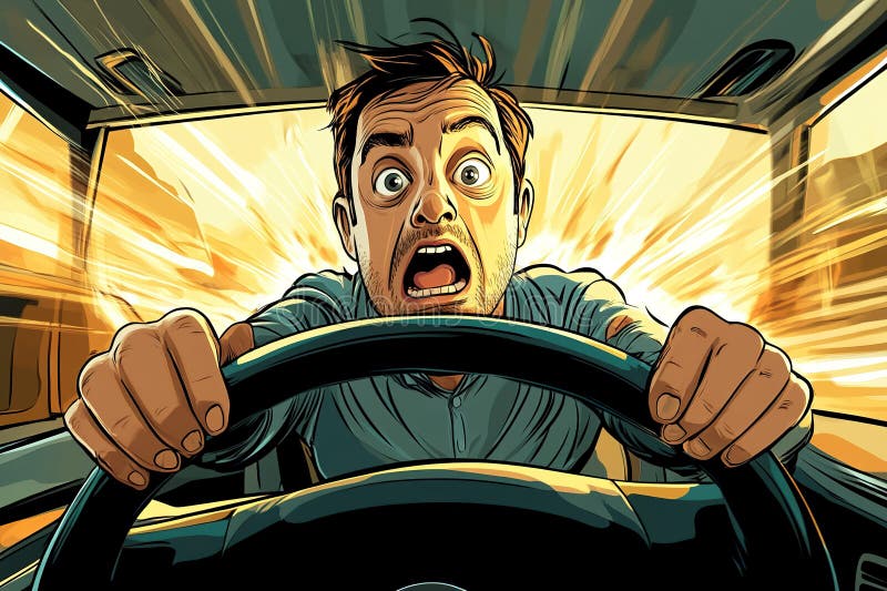 Scared man driving a car. stock vector. Illustration of banner - 81090668