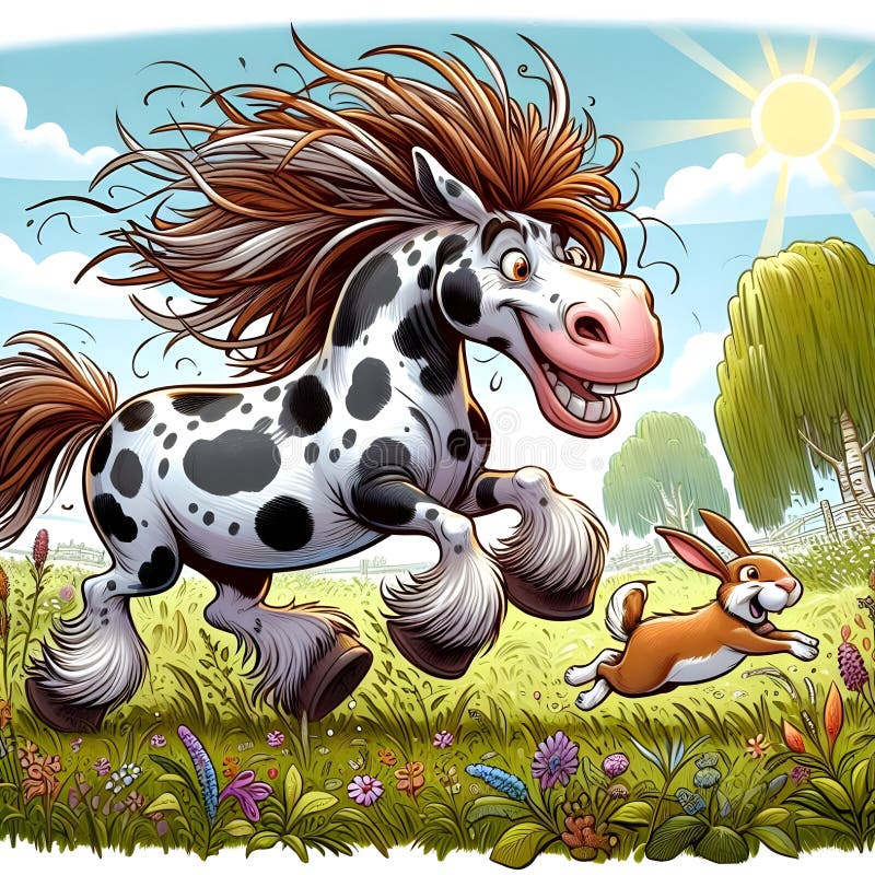 A Humorous Cartoon-style Spotted Pony after the Smaller Animal. Stock ...