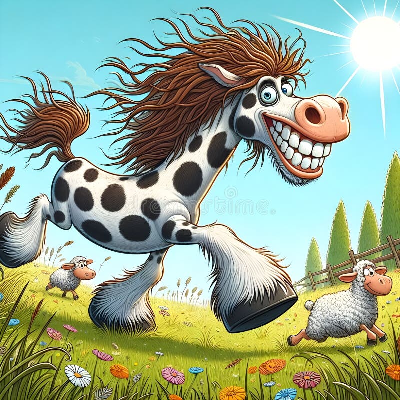 A Humorous Cartoon-style Spotted Pony after the Smaller Animal. Stock ...
