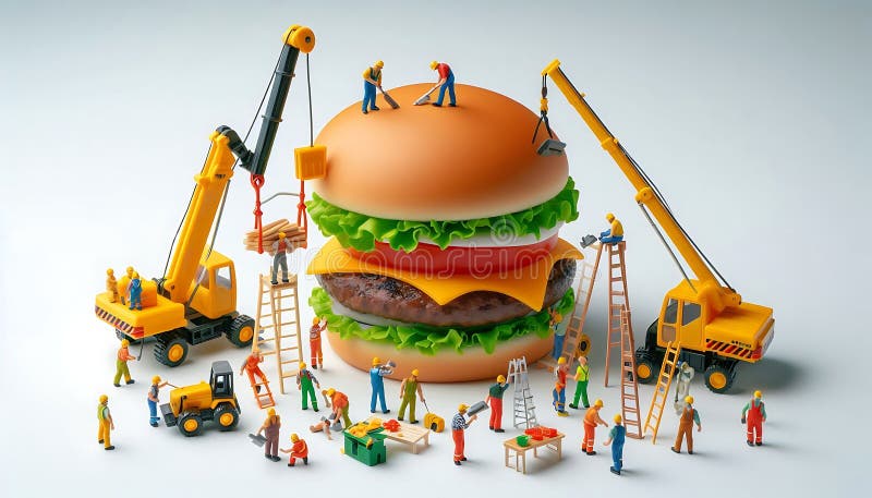 Miniature Construction Workers Build a Giant Burger Stock Illustration ...