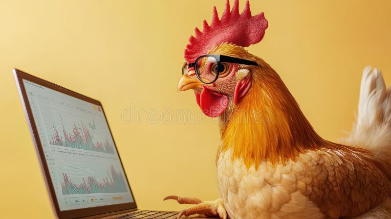 Chicken Working on Laptop with Glasses and Data Charts Stock ...