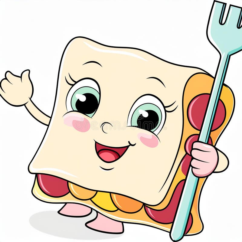 A Piece of Lasagna with a Face Laughing and Holding a Fork Stock ...