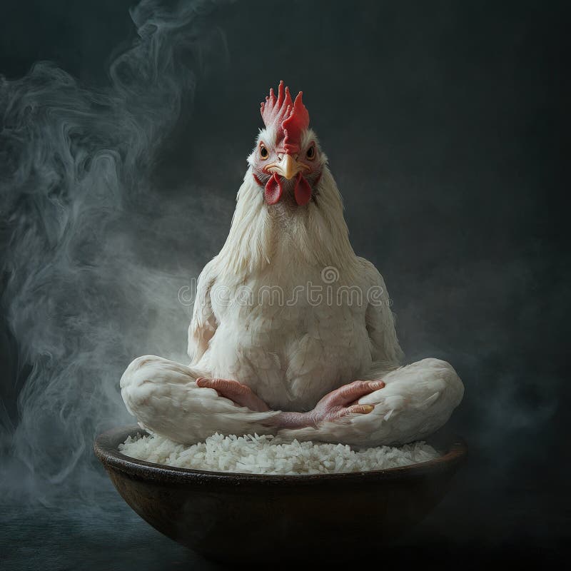 Comical Meditating Chicken in Rice Bowl with Dramatic Smoke Stock Image ...