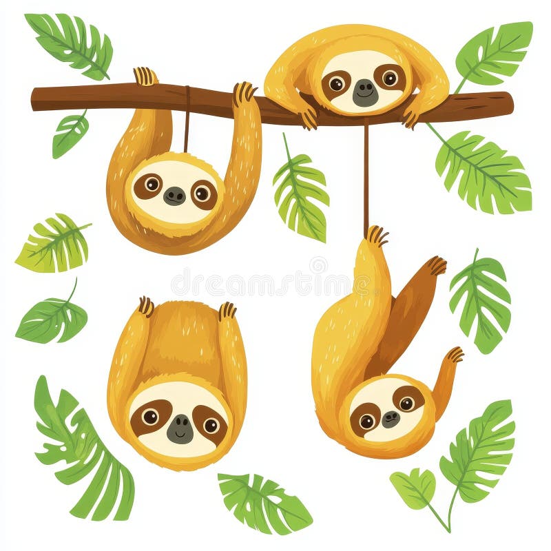 A Humorous Sloth in Various Poses is Set Against a Plain White Backdrop ...